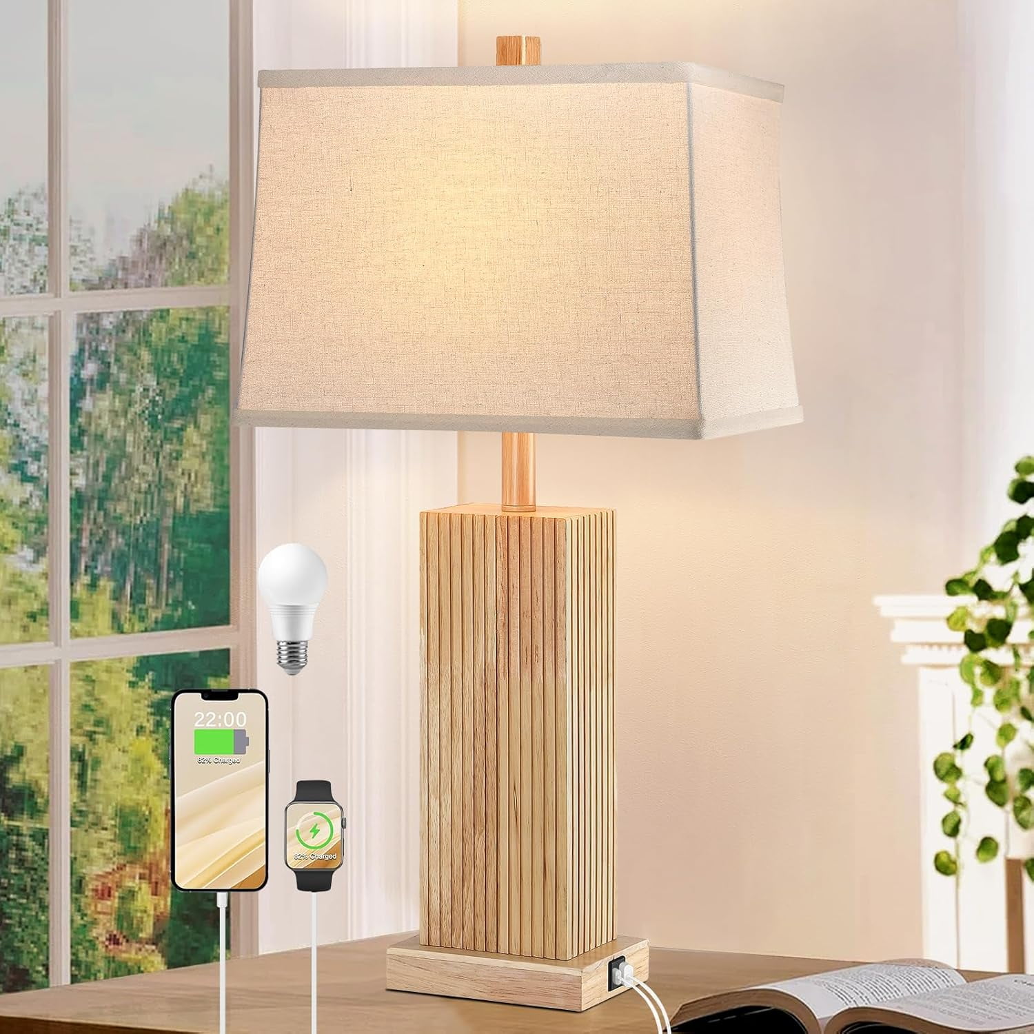 27.5" Natural Wood Table Lamp, Modern Farmhouse Bedroom Lamp for ...