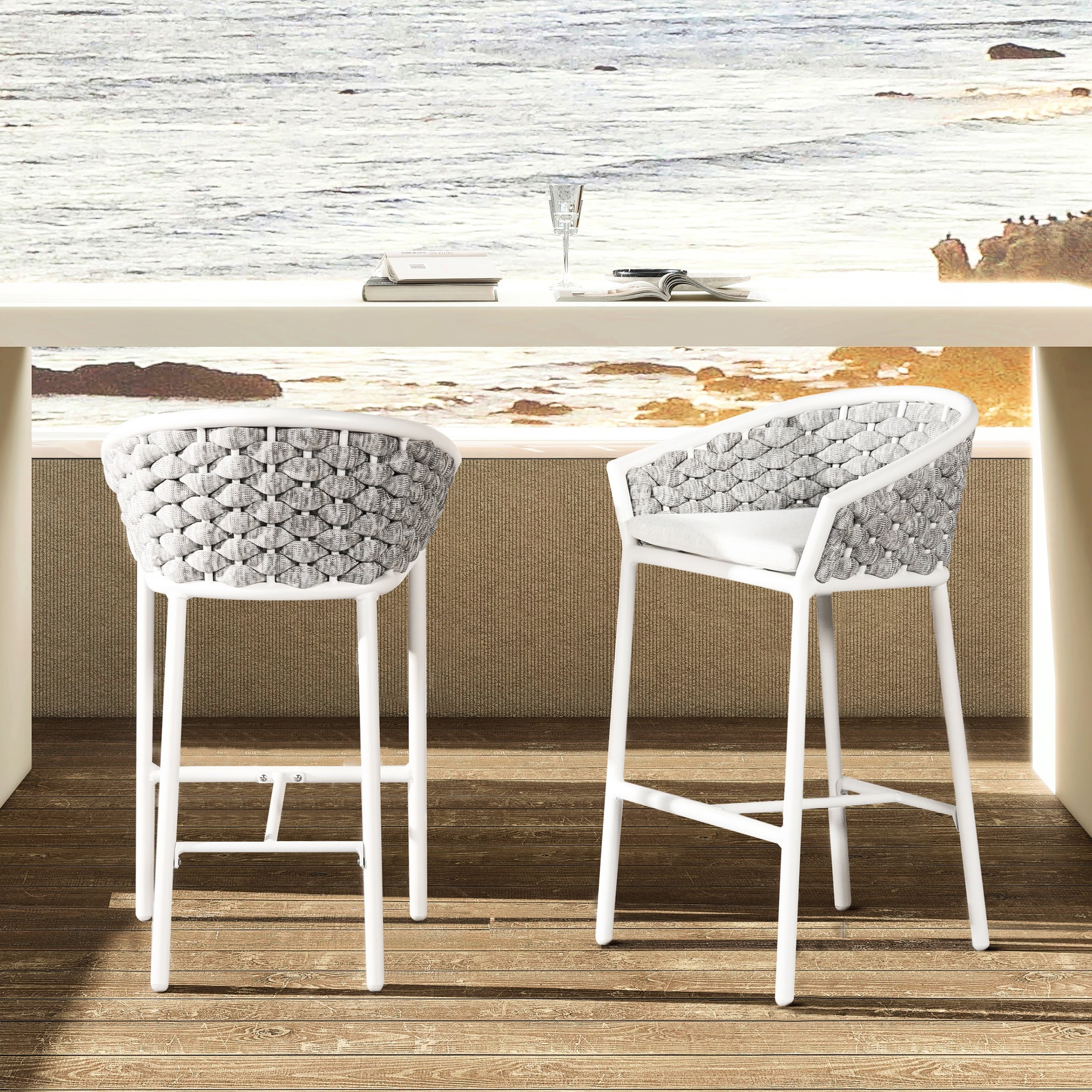 27.5" Optic White Acrylic Rope Low Back Patio Counter Stools (2). Multi ...