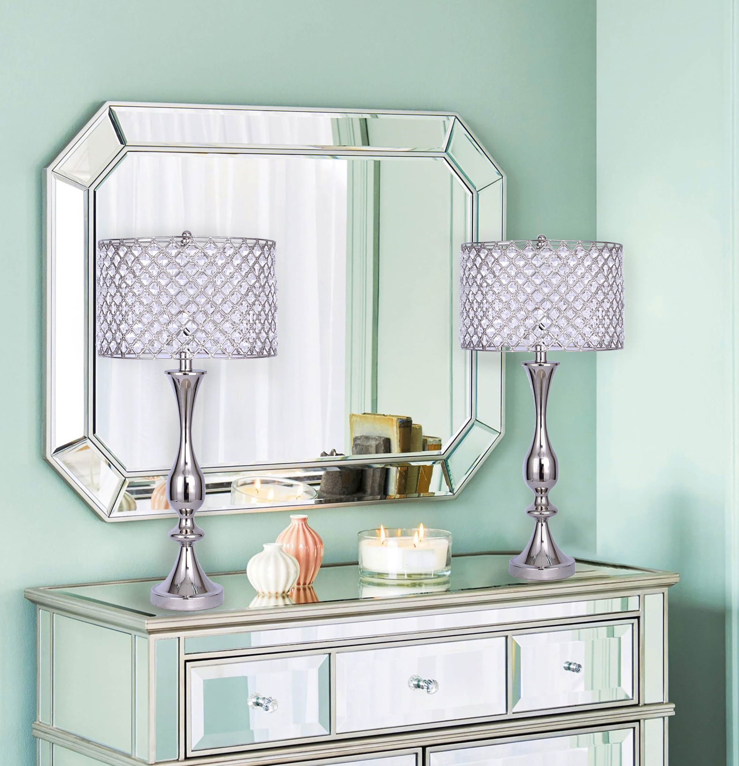 27.5" Polished Nickel Table Lamp w/ Crystal Bling Shade (Set of 2 ...