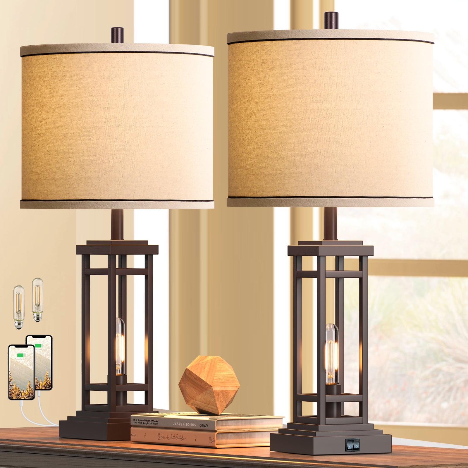 27.5 Tall Farmhouse Table Lamps with USB C + USB A Charge Ports, Rustic ...