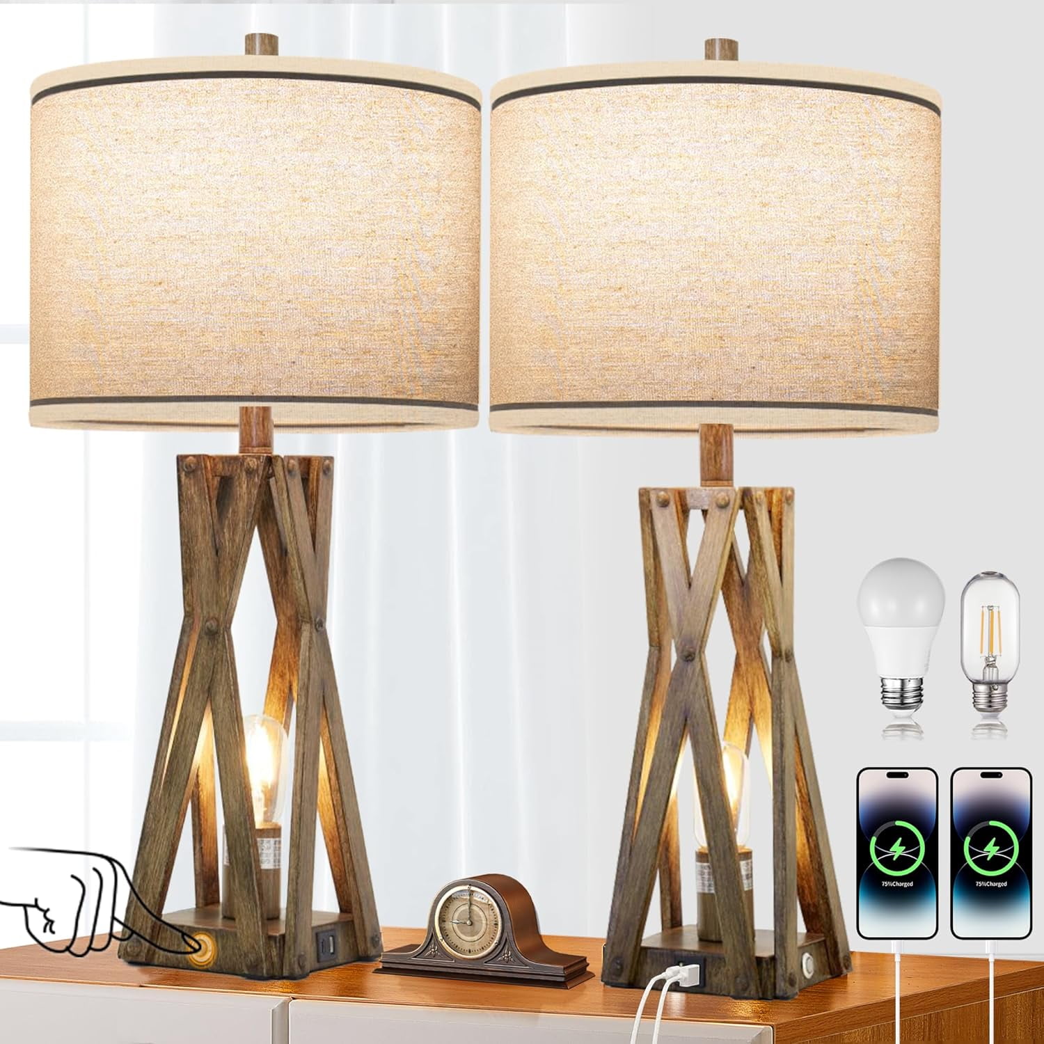 27.5" Touch Control Farmhouse Table Lamp Set of 2, 3-Way Dimmable ...