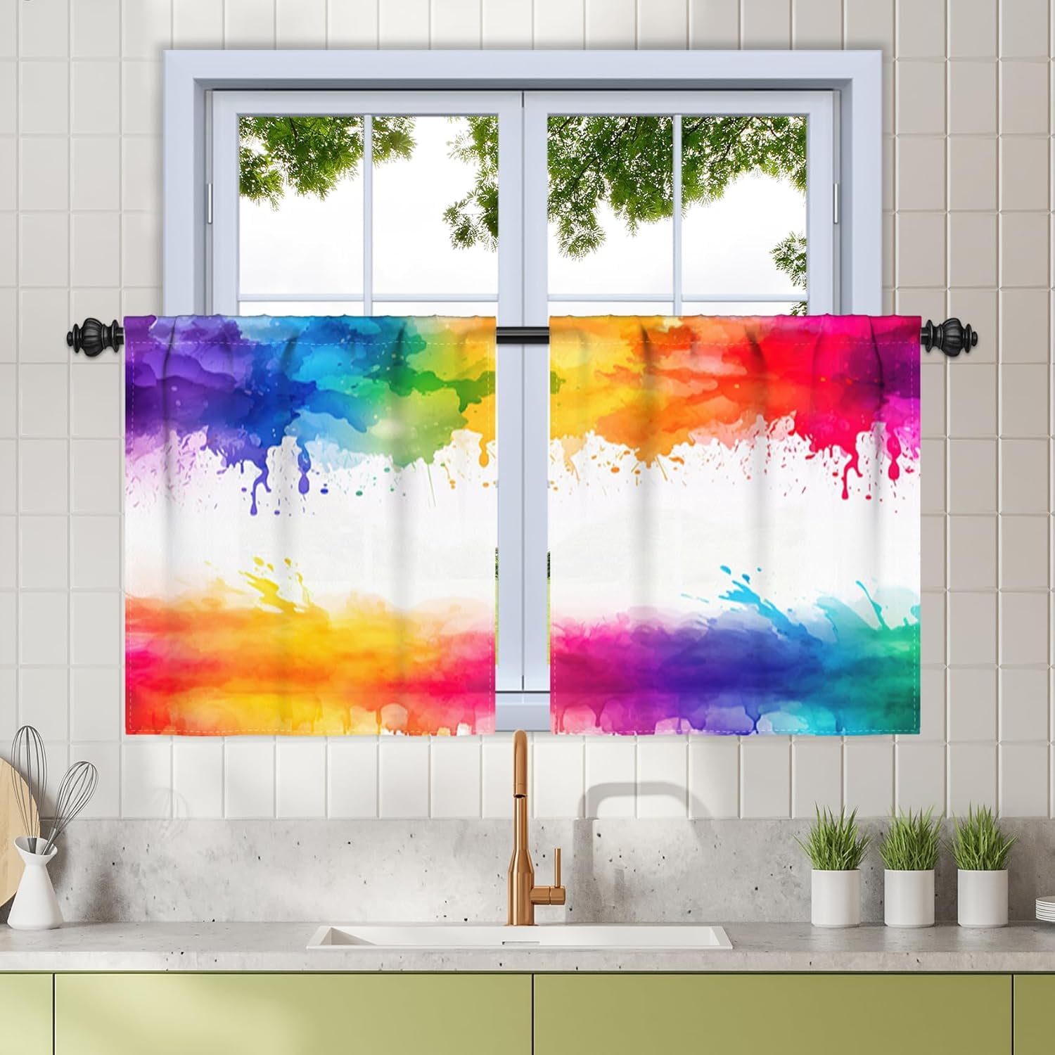 27.5 x 24 Inch Colorful Splash Paint Window Curtains Short Rainbow ...