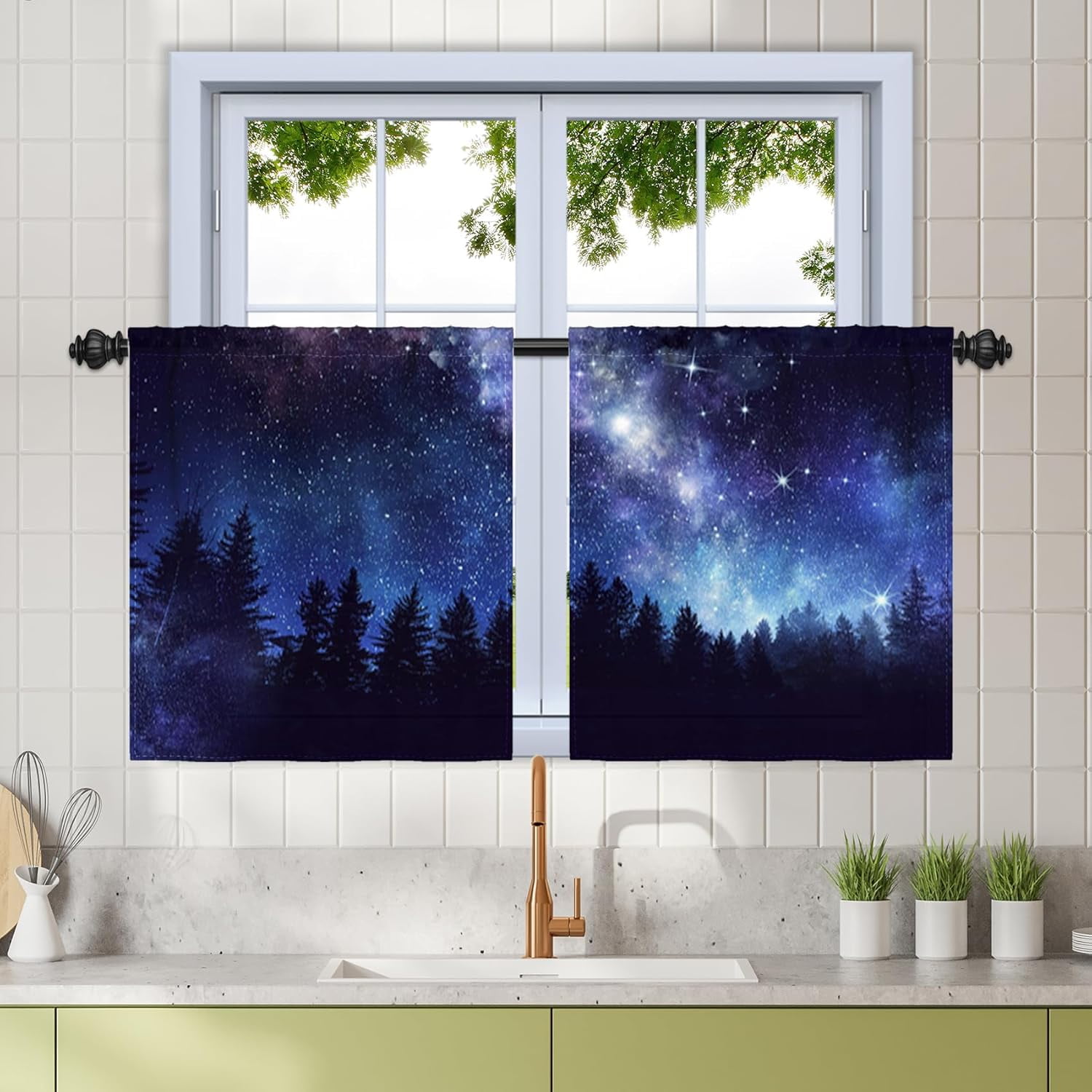 27.5 x 24 Inch Galaxy Forest Kitchen Tier Curtains Starry Sky Twinkle ...