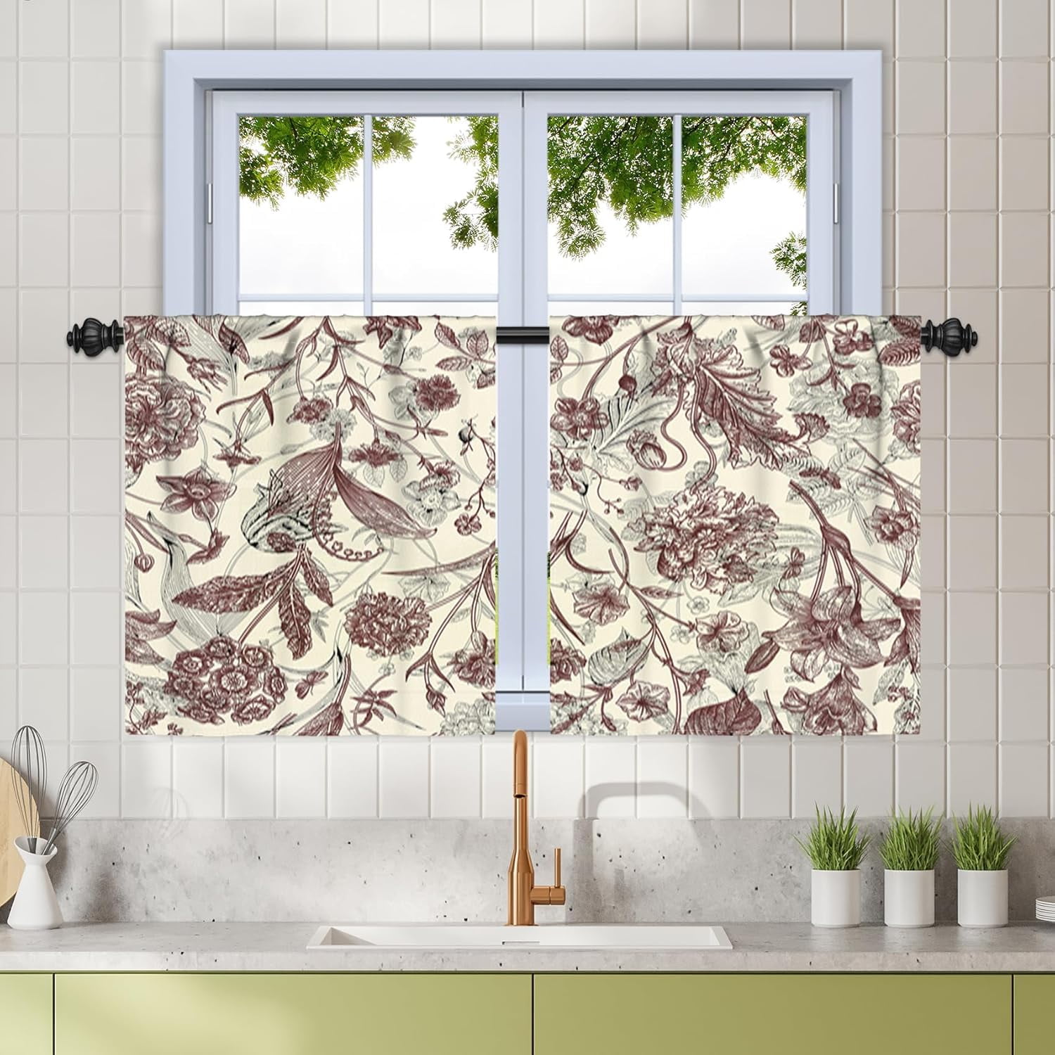 27.5 x 36 Inch Floral Linen Cafe Curtains for Windows Light Filtering ...