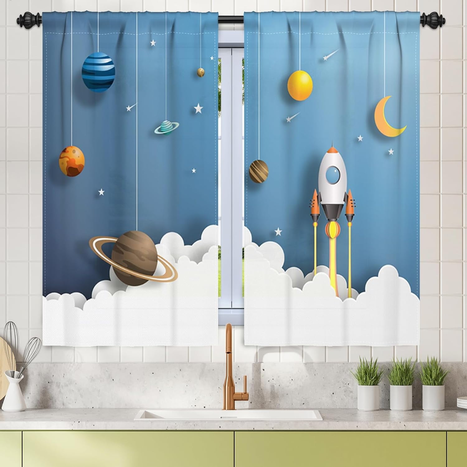 27.5 x 39 Inch Solar System Kitchen Tier Curtains Cartoon Outer Space ...