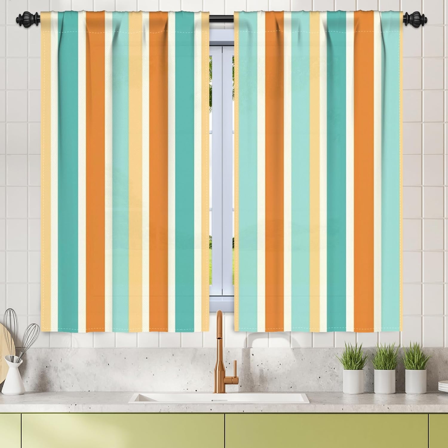 27.5 x 39 Inch Vertical Striped Window Curtains Blue Orange Stripe ...
