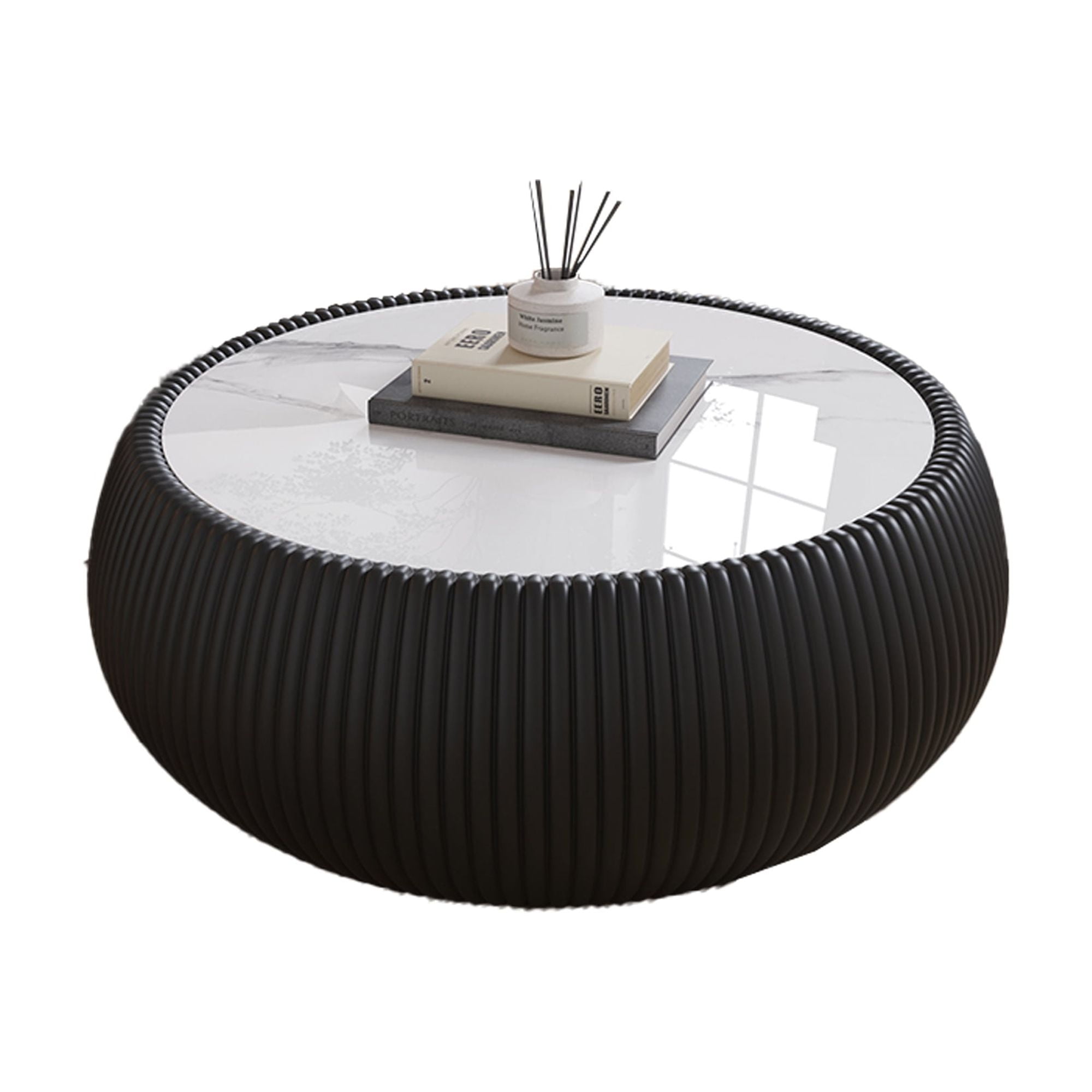 27.55" Black Round Coffee Table, Drum Coffee Table with Sintered Stone ...