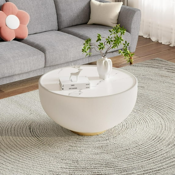 27.55" White Round Coffee Table, Bowl Coffee Table with Sintered Stone ...