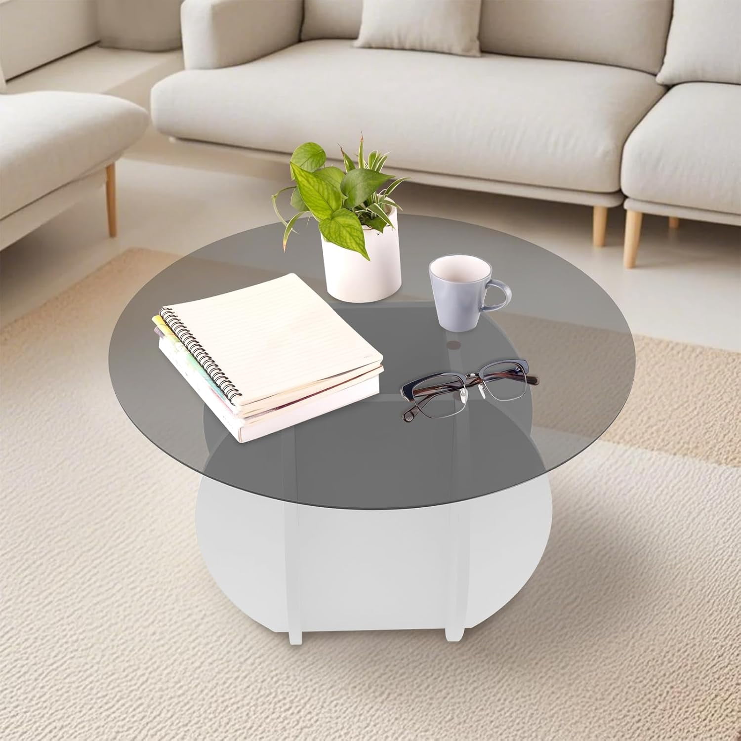 27.56 Inch Round Coffee Table, Glass Coffee Tables with Tempered Glass ...