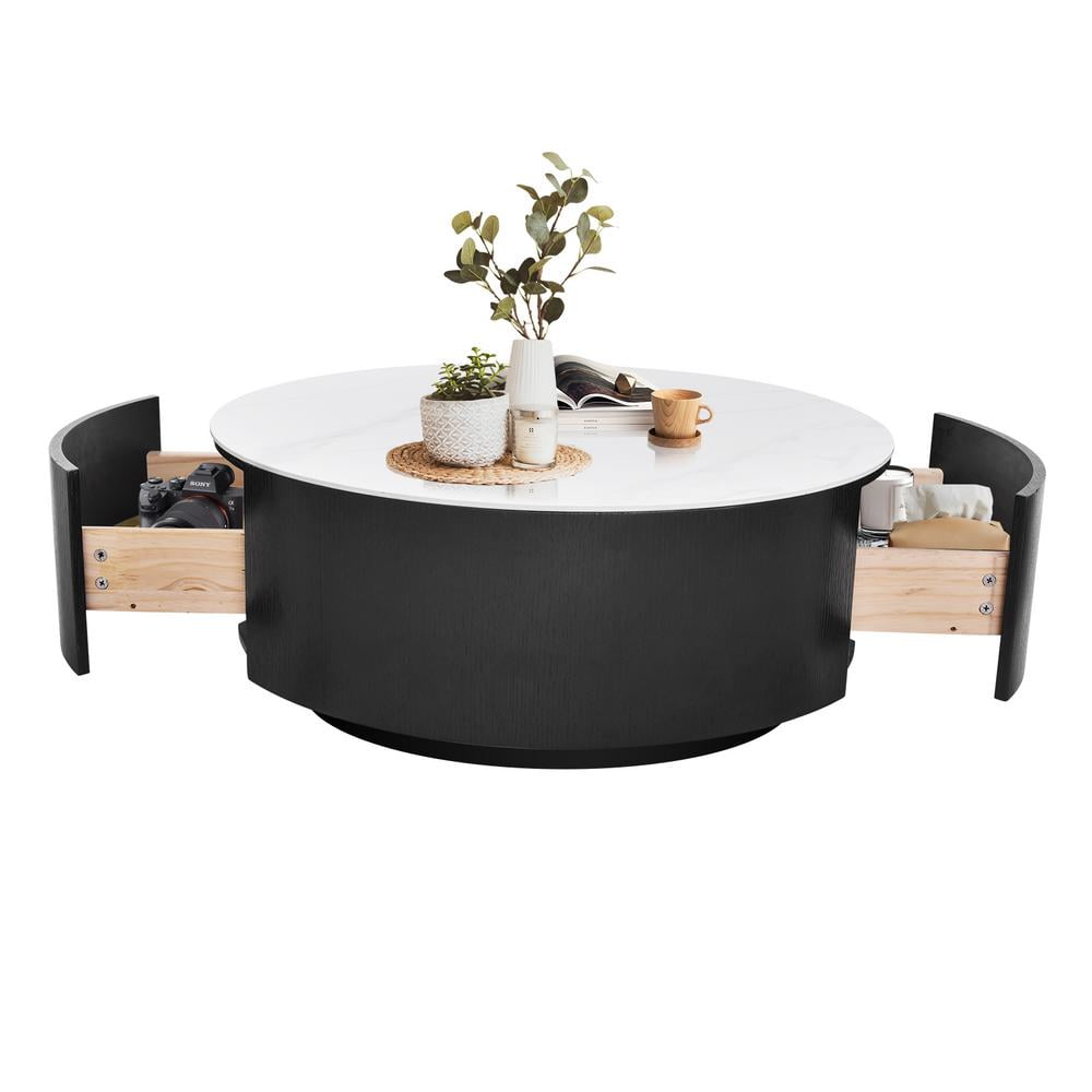 27.56'' Round Marble Coffee Table, Modern Drum Storage Tea Table, Round ...