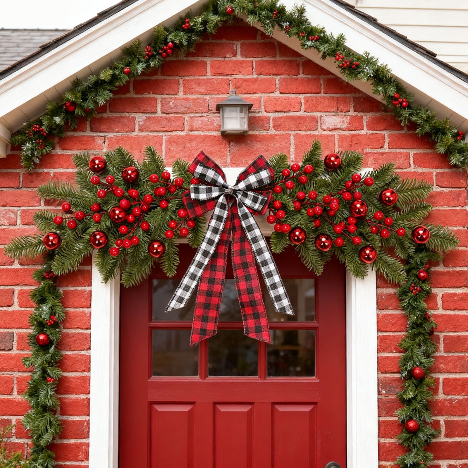 27.5in Christmas Door Lintel Decoration, Red Fruit Plaid Bow & Pine ...