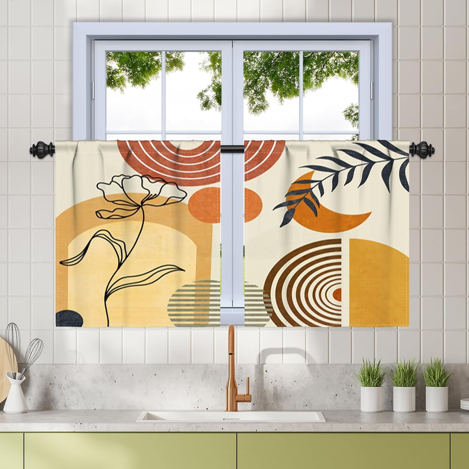 27.5x36 Inch Abstract Art Small Kitchen Curtains Minimalist Flower ...