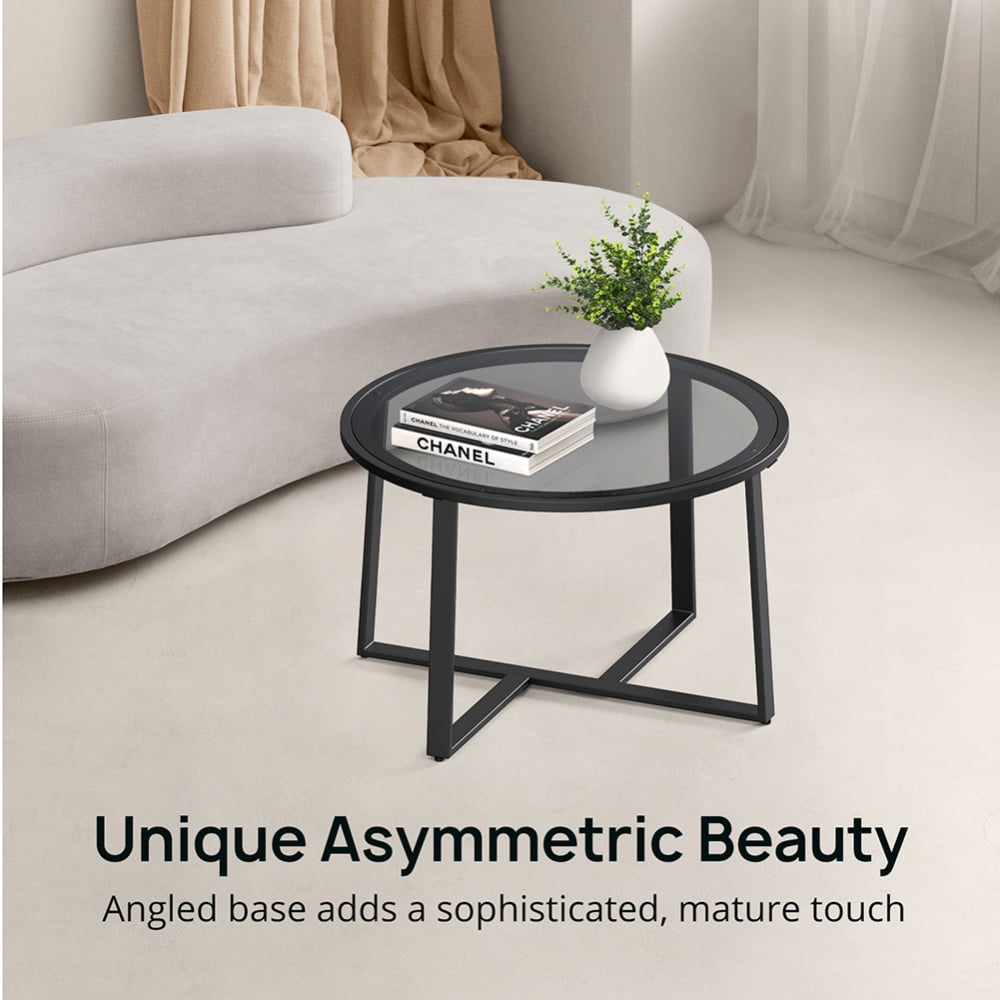 27.6" Round Coffee Table with Tempered Glass Tabletop, Metal Frame ...