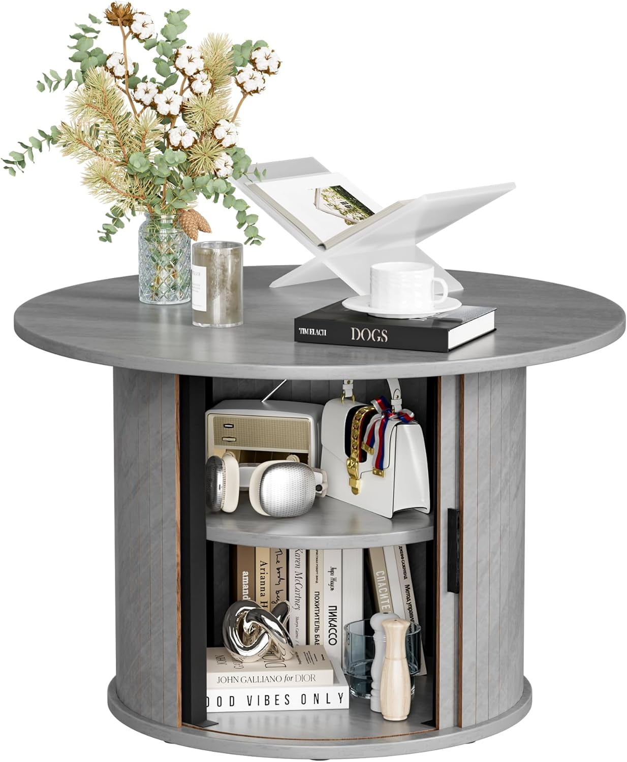 27.6" Small Round Coffee Table for Living Room, Farmhouse Fluted Side ...