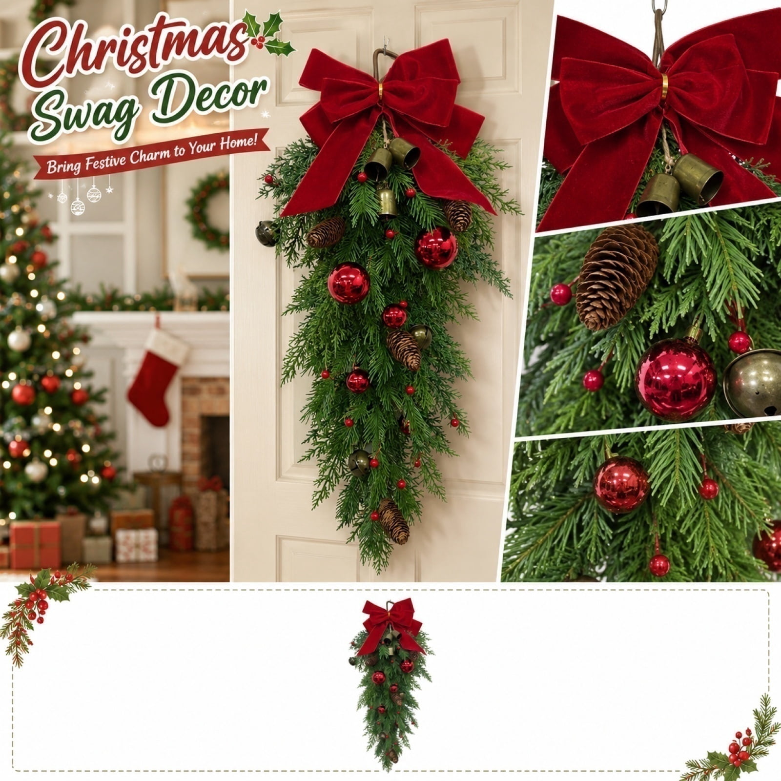27.6in Christmas Teardrop Swag Wreath, Artificial Pine Door Swag with ...