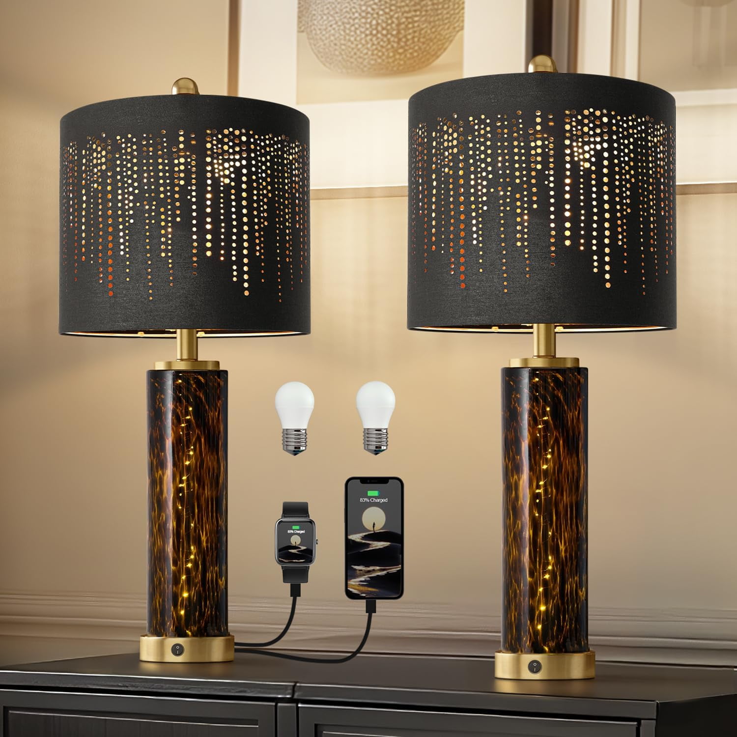 27.75" Modern Table Lamps Set of 2, Gold Bedside Lamp with Crystal ...