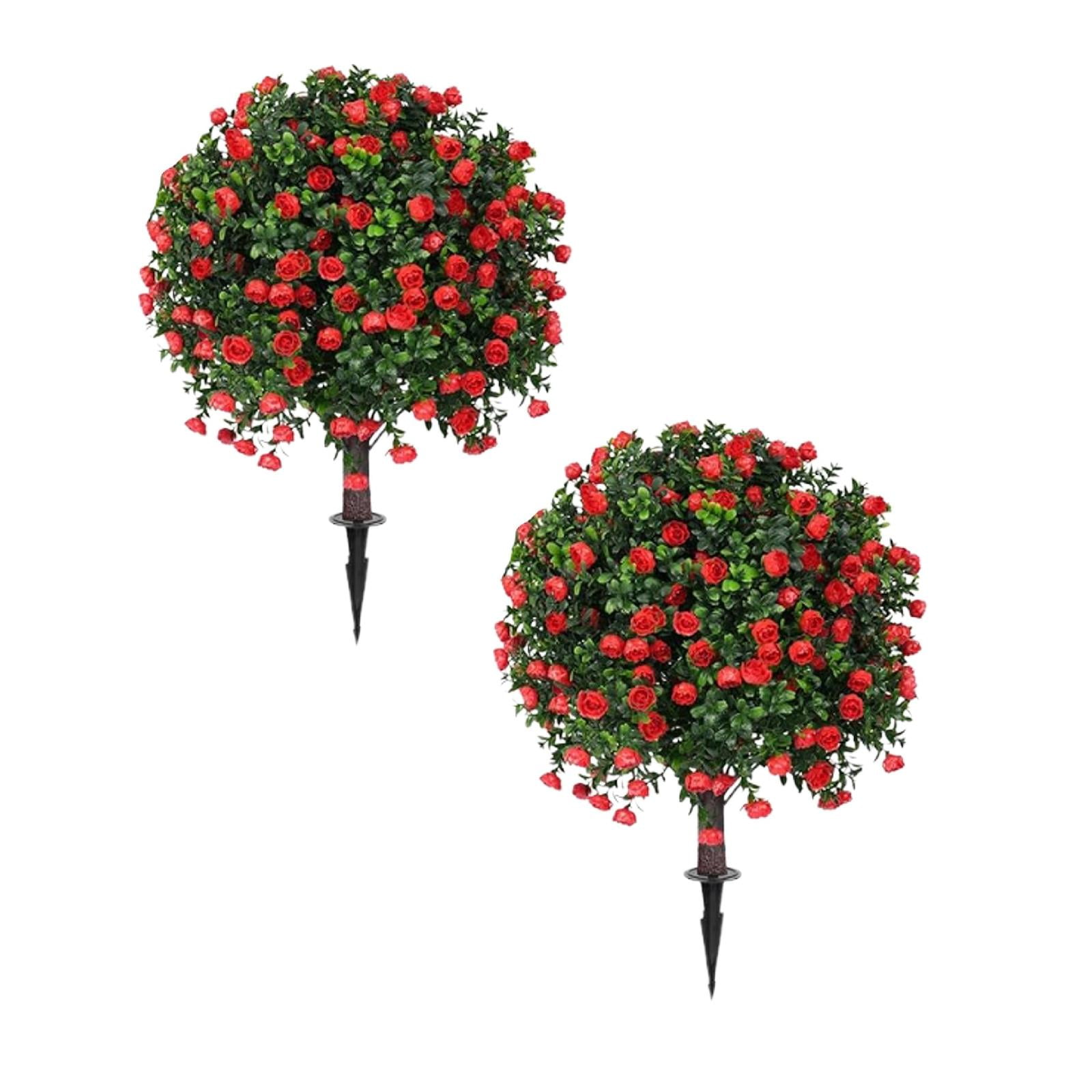 27" Artificial Boxwood Topiary Ball Trees with Red Roses - UV Resistant ...
