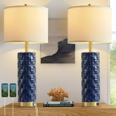 Cinkeda Glass Table Lamp Set of 2 with Nightlight USB A+C Ports AC ...