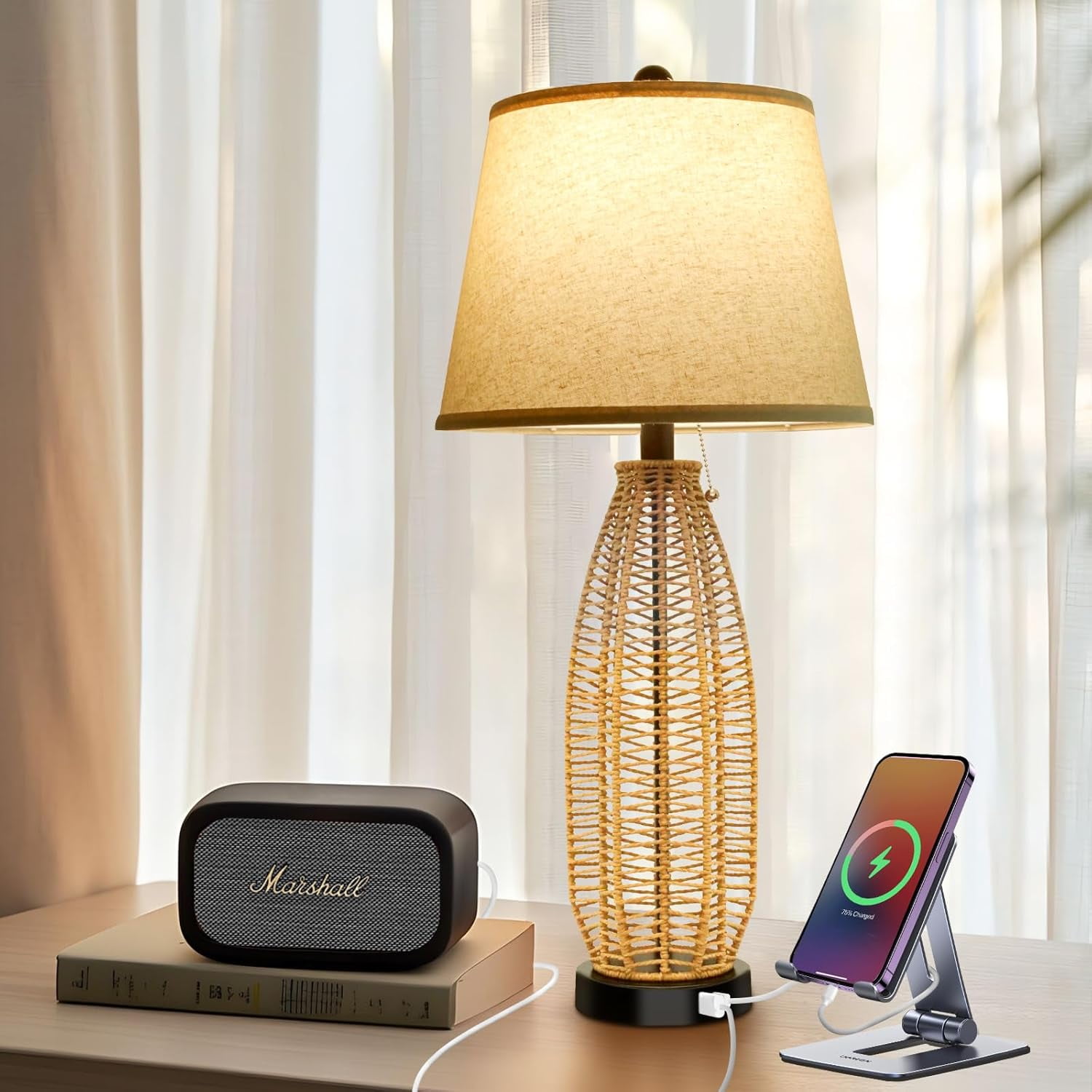 27" Boho Table Lamp: Rattan Lamp with USB A+C Charging Ports, 3-Color ...