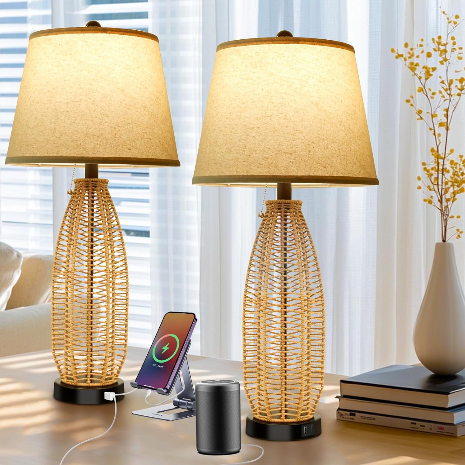27" Table Lamps Set of 2: Rattan Table Lamp with USB A+C Ports, 3-Color ...