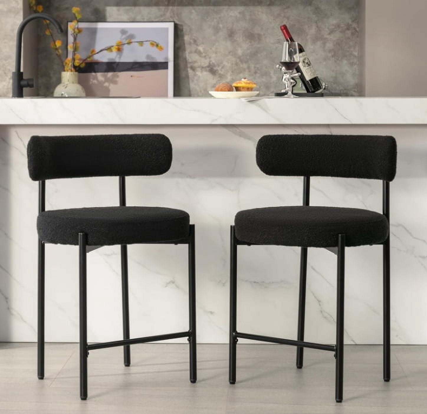 27" Boucle/PU Bar Stools Set of 2, Accent Counter Height Stools with ...