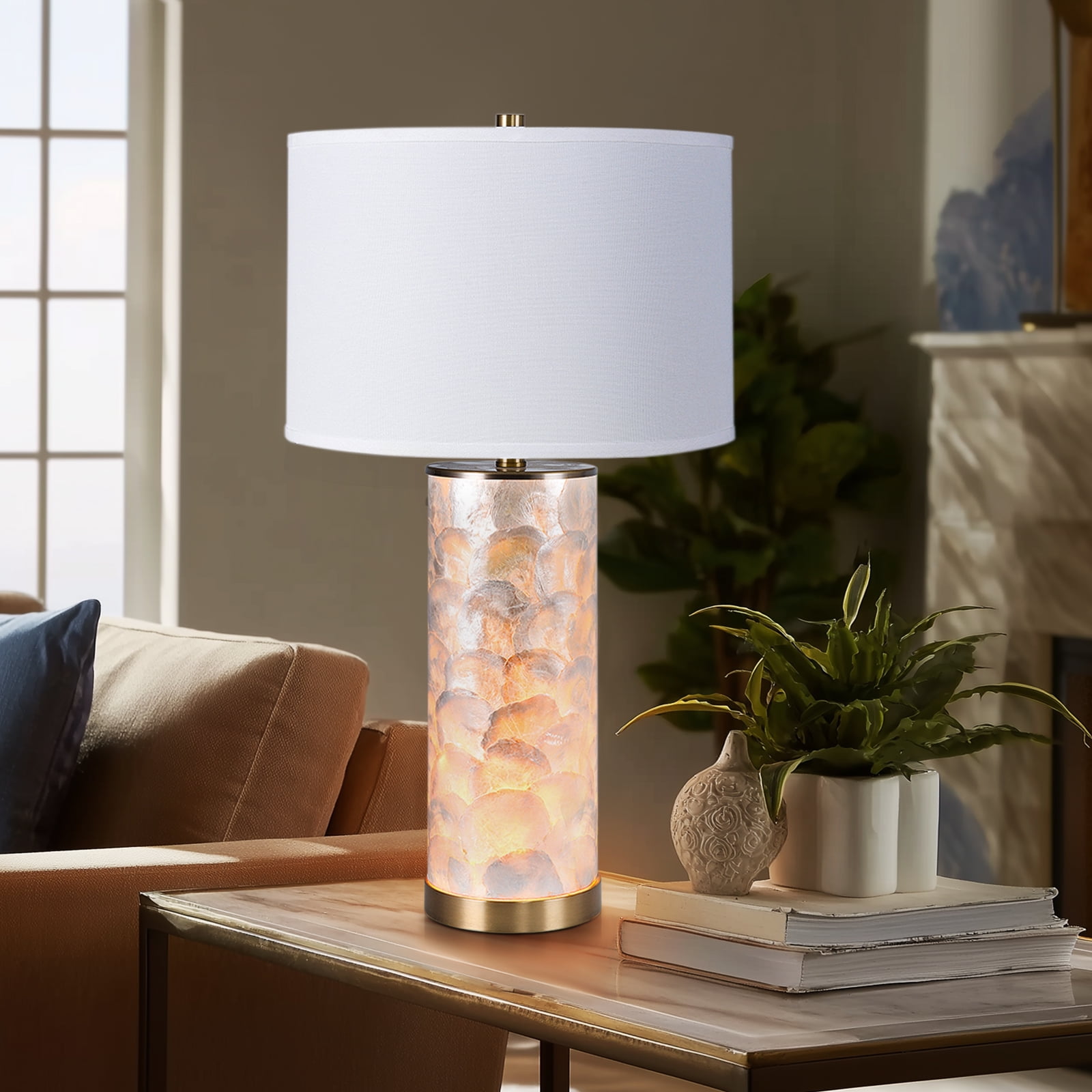 27" Coastal Seashell Column Table Lamp With Night Light, Mother Of ...