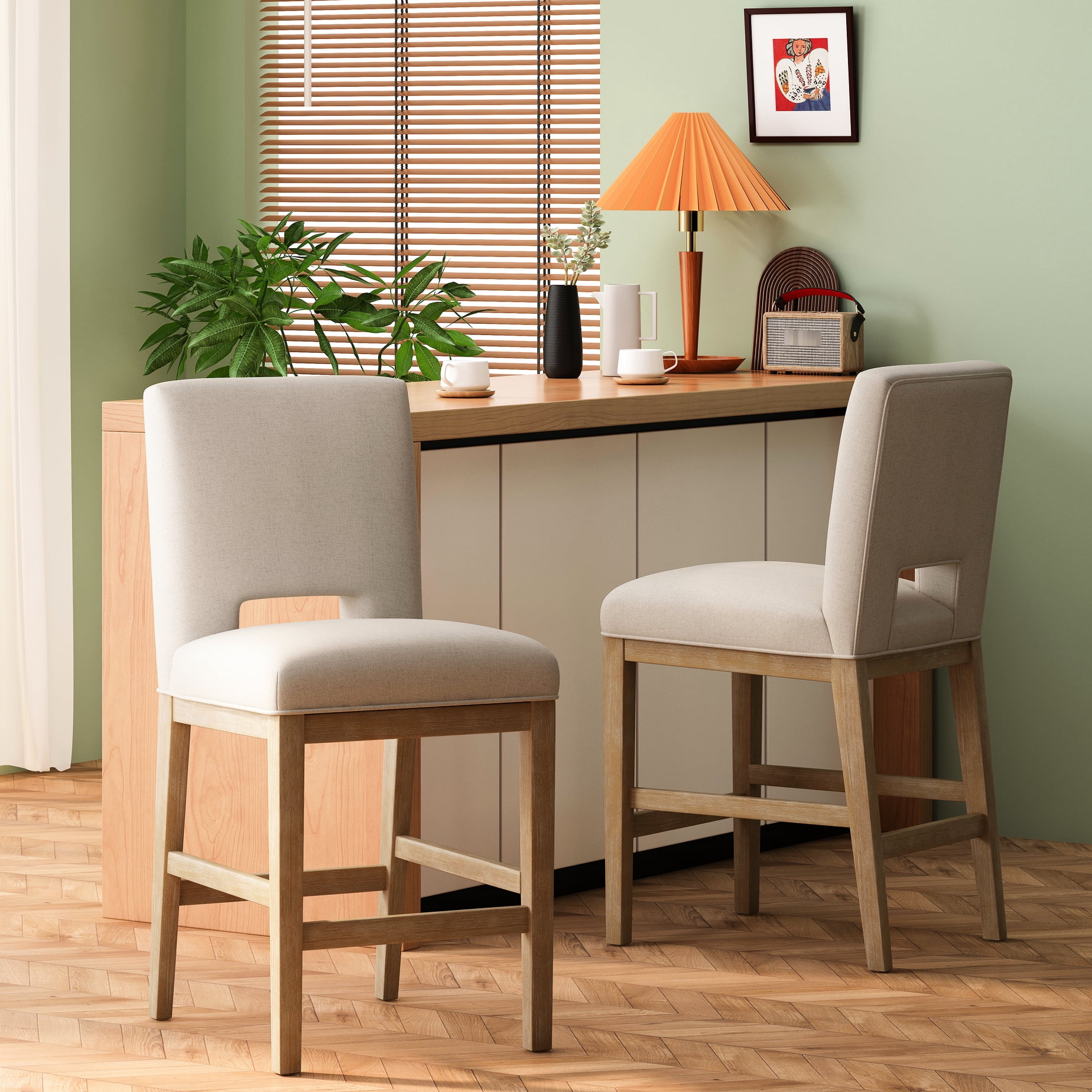 27" Counter Stools ( Of 2), Rubberwood Legged Stools, Breathable Fabric ...