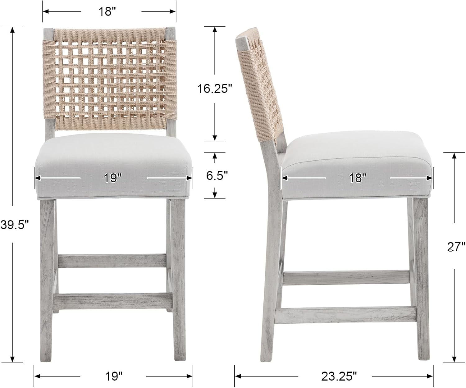 27" Farmhouse Bar Stools Set of 2, Wood with Linen and Woven Backrest ...