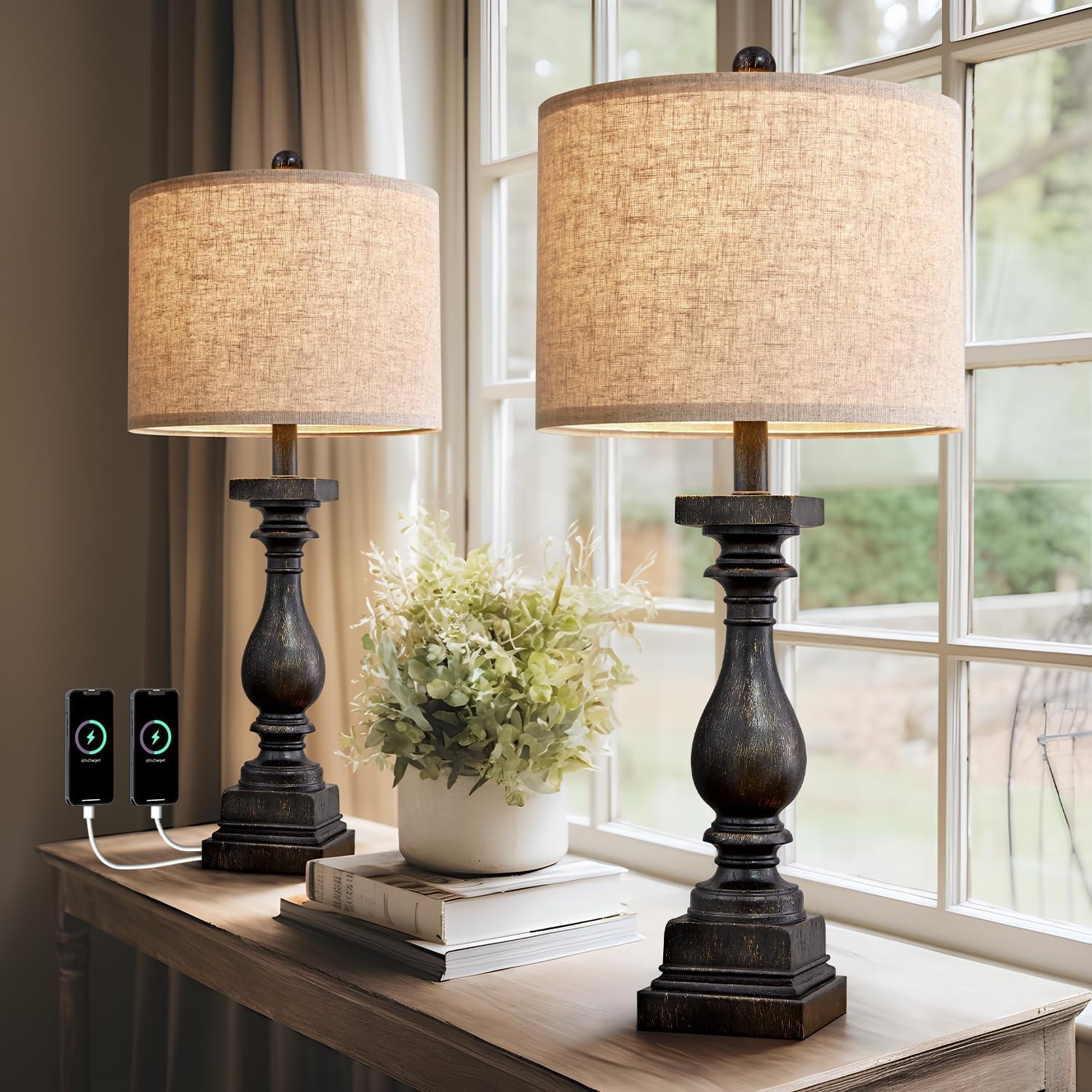 27" Farmhouse Table Lamp Set of 2 with USB A+C for Bedroom Living Room ...