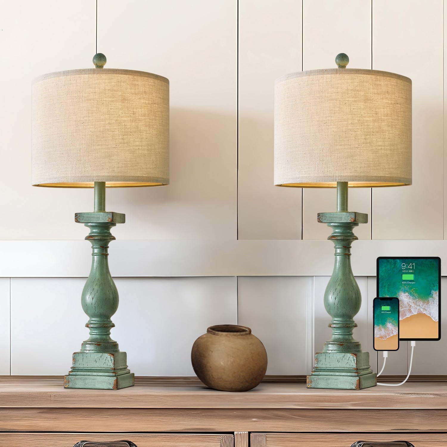 27" Farmhouse Table Lamp Set of 2 with USB A+C for Bedroom Living Room ...