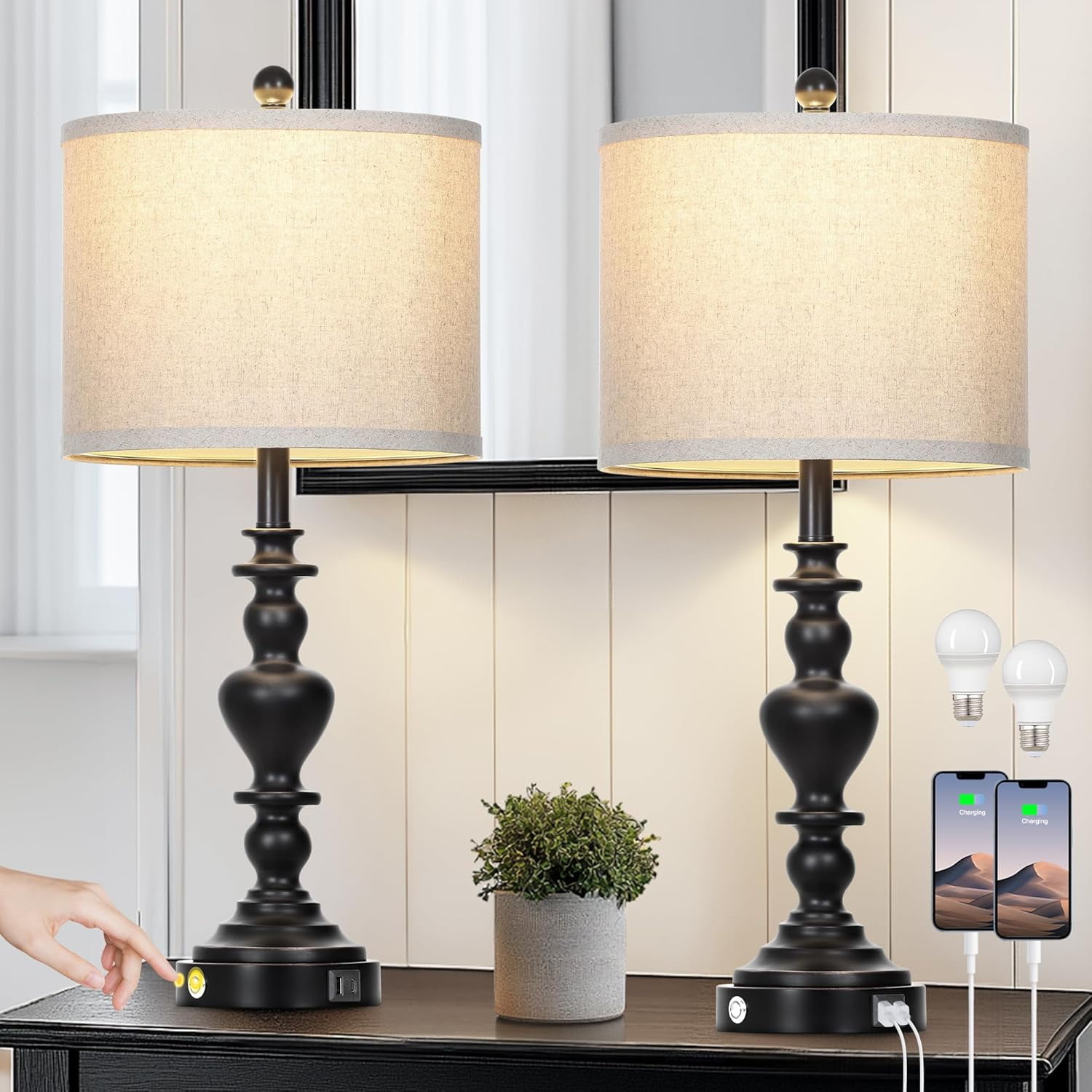 27" Farmhouse Vintage Lamps Set of 2 with USB C+A Ports & AC Outlets ...