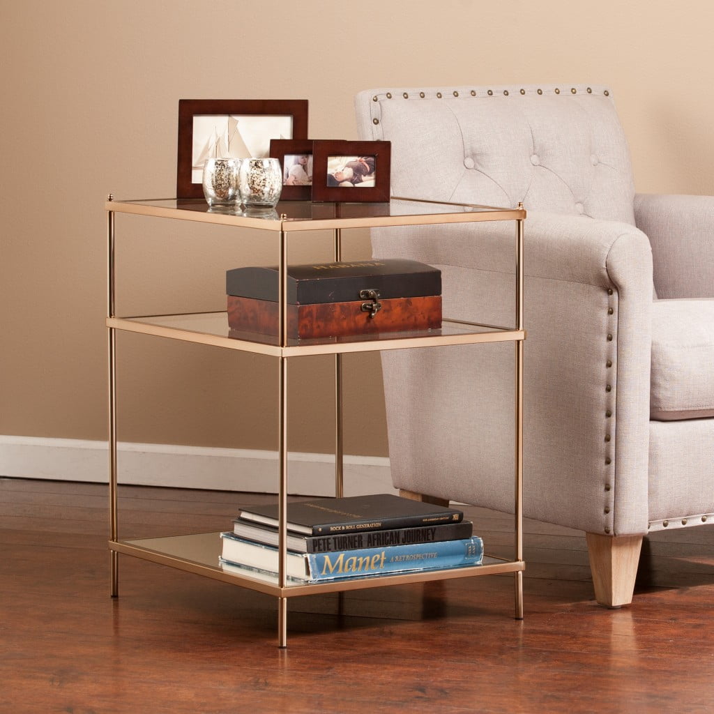 HomeRoots 27 in. Gold Glass & Iron Square Mirrored End Table with Shelf ...