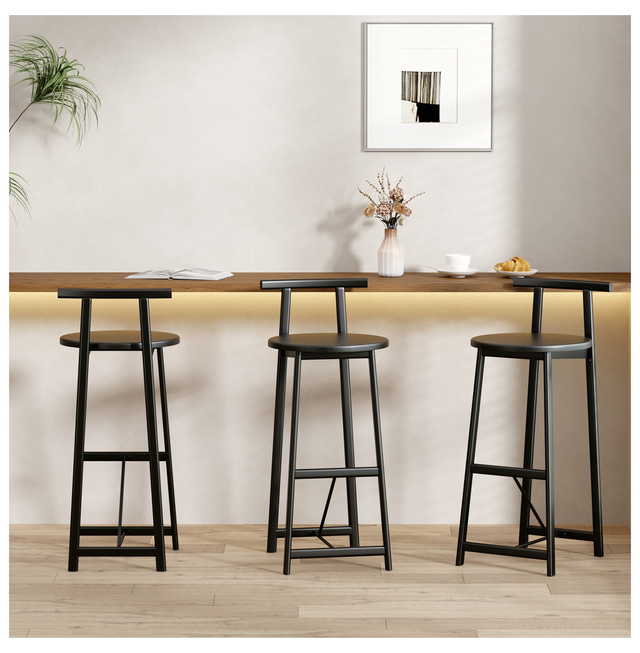 27''H Barstool Set of 3 Wooden Round Bar Stools with Footrest Modern ...