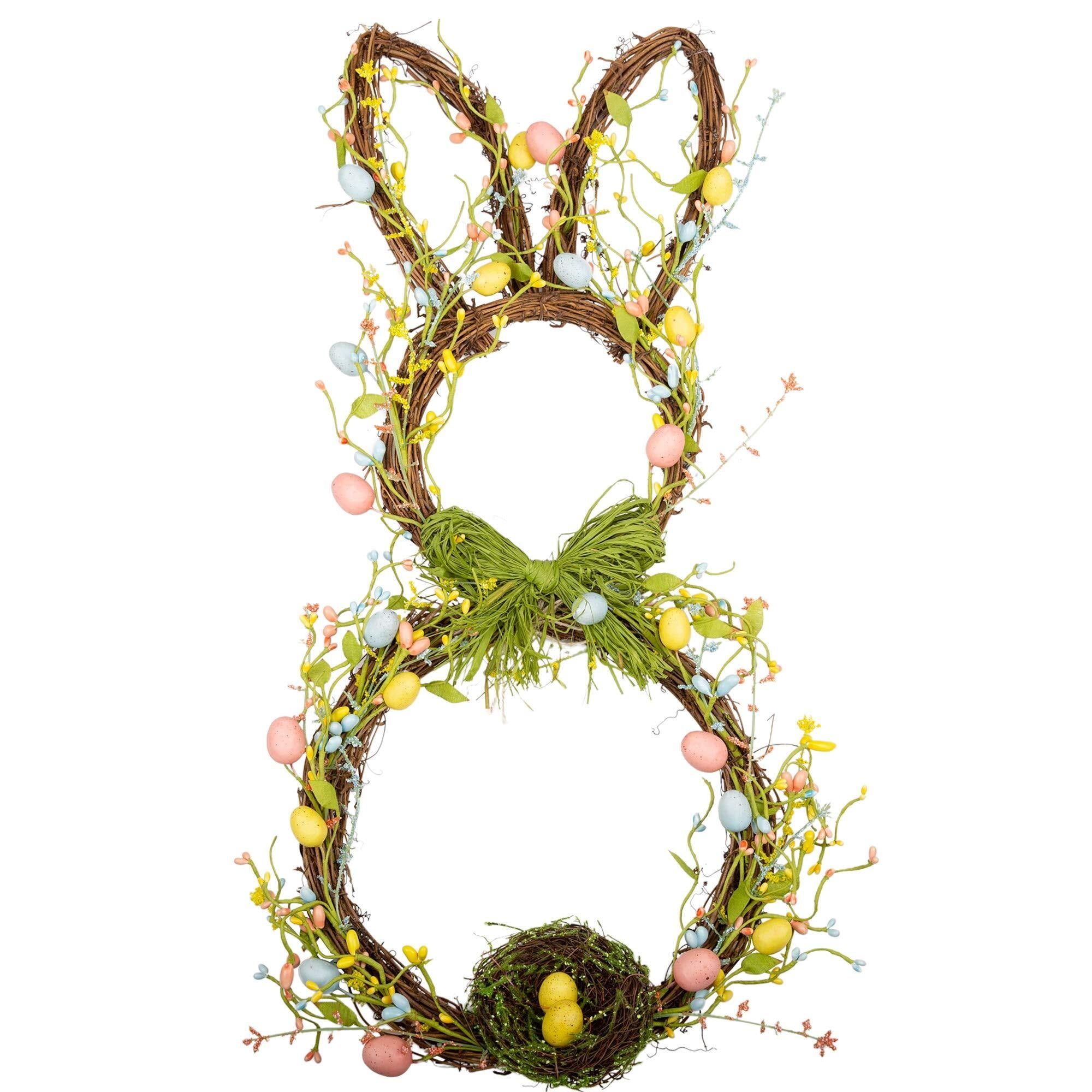 27 Inch Artificial Easter Wreath Rabbit Wreath with Pastel Eggs and ...