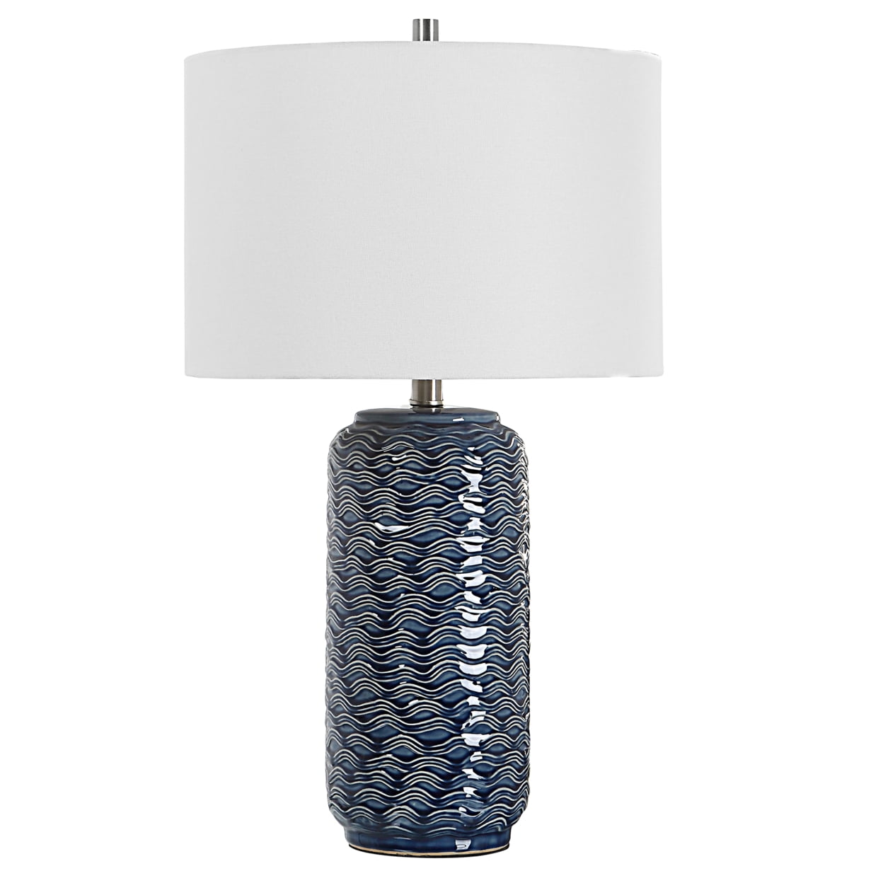 27 Inch Ceramic Table Lamp, Wavy Texture, Blue, Silver, White, Saltoro ...