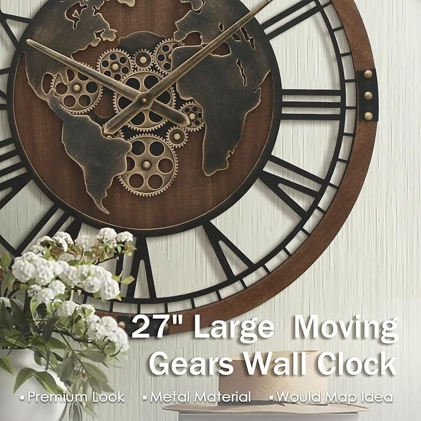 27 Inch Grand Gear Wall Clock with World Map Oversized Brown Moving ...
