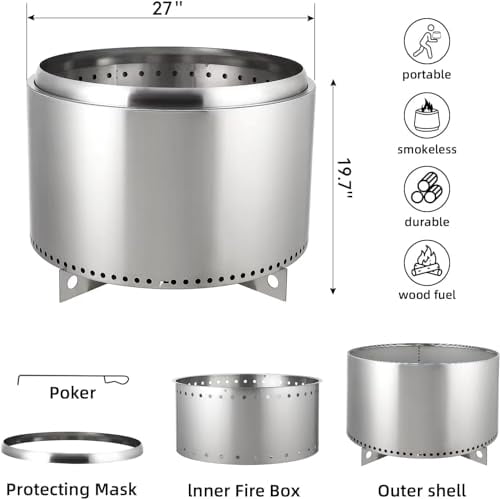 27 Inch Stainless Steel Smokeless Outdoor Fire Pit, Burning Wood ...