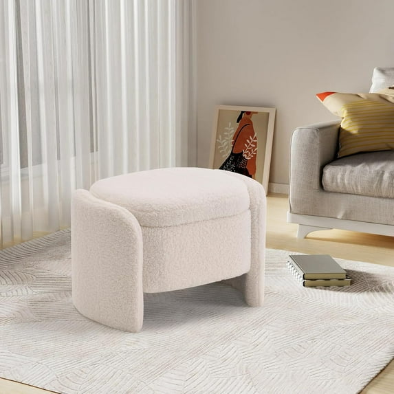 27 Inch Teddy Fabric Oval Storage Ottoman, Upholstered Foot Stools ...