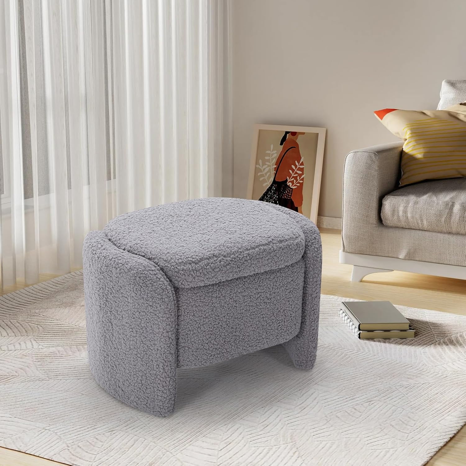 27 Inch Teddy Fabric Oval Storage Ottoman, Upholstered Foot Stools ...