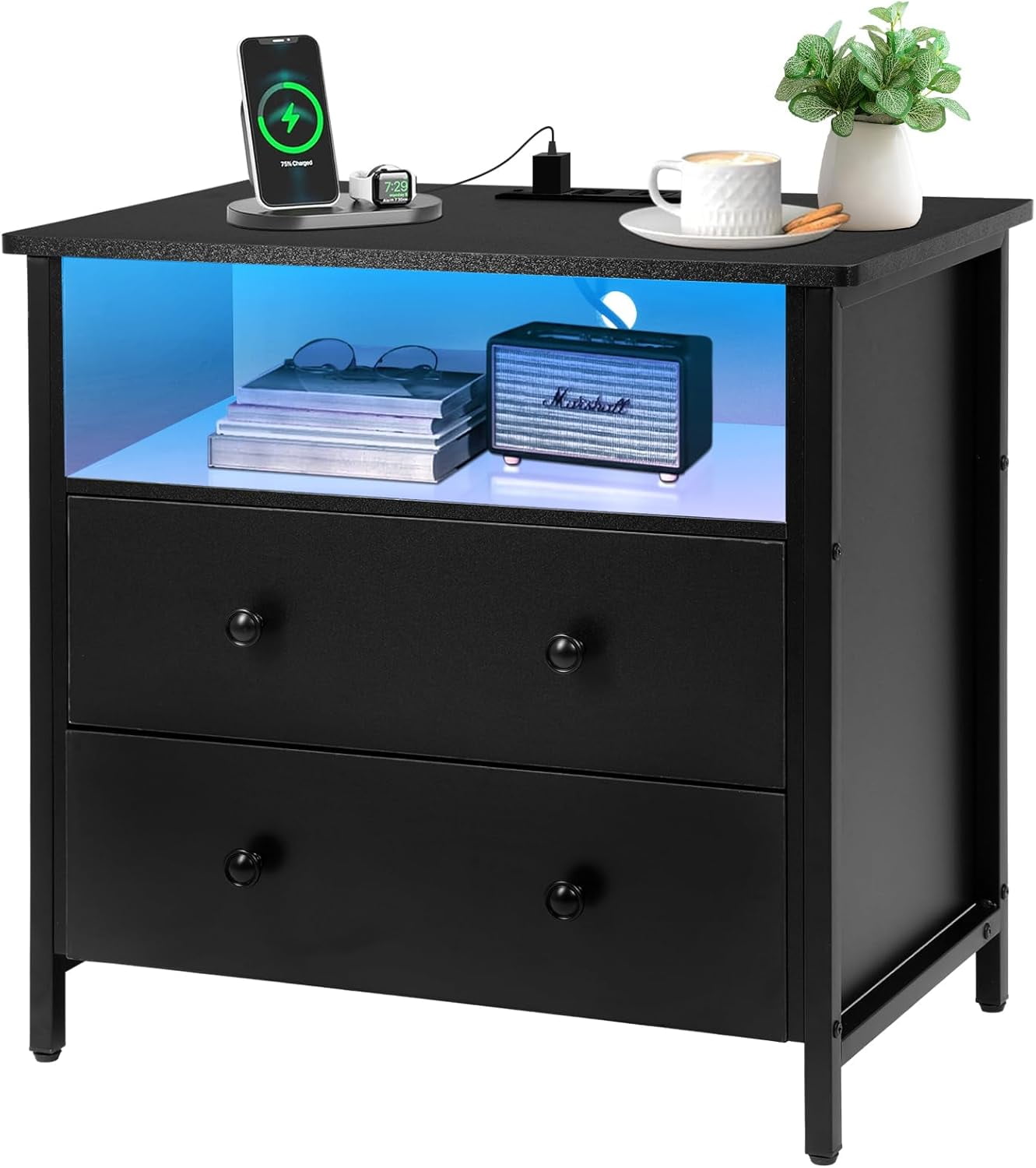 27 Inch Wide Night Stand, Large Wooden Night Stand with 2 Drawers, LED ...