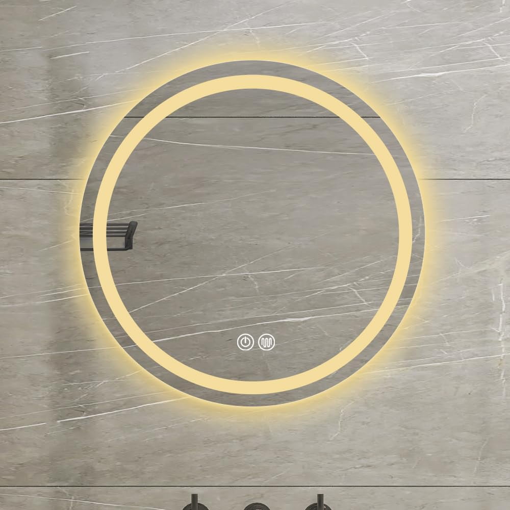 27" LED Round Bathroom Mirror with 3 Color Lights, Smart Lighted Vanity ...