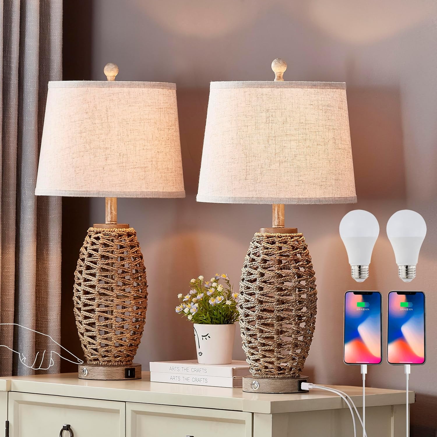 27” Natural Rattan Table Lamps Set of 2,Touch Switch,3-Way Bedside ...