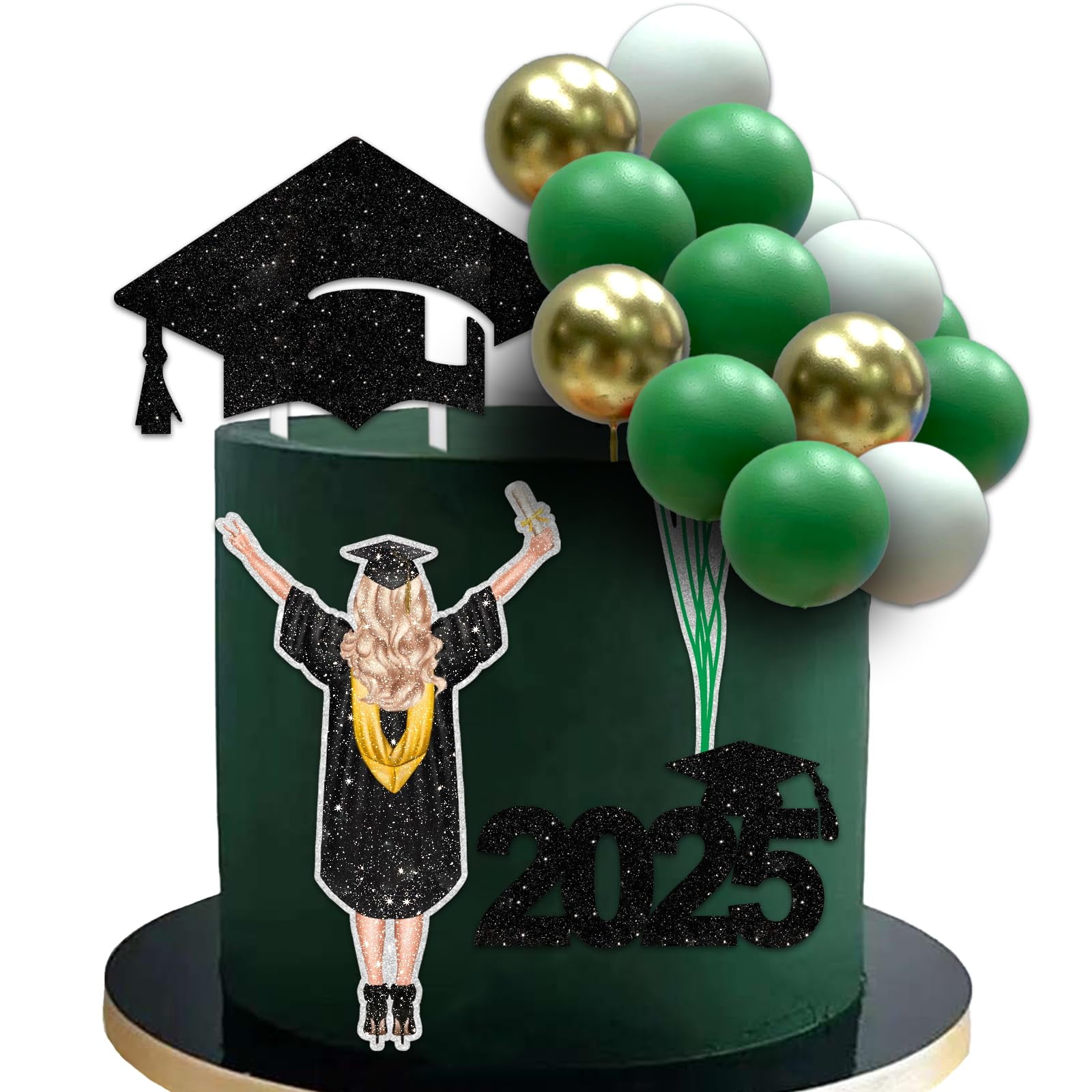27 PCS Congrats SCH4 Grad 2025 Cake Topper Green Gold White Pearl Balls ...