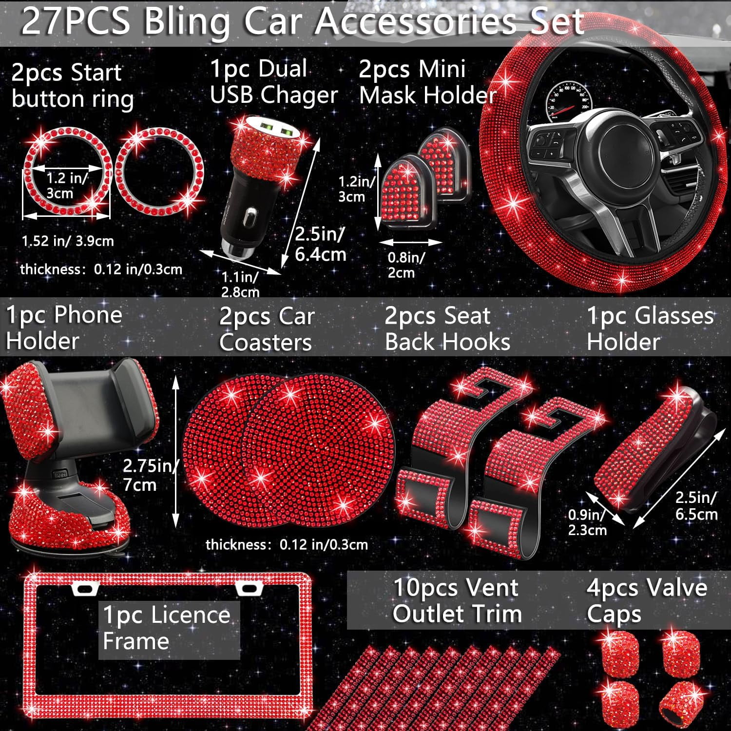 27 PCs Car Accessories Set for Women, Steering Wheel Covers Universal ...