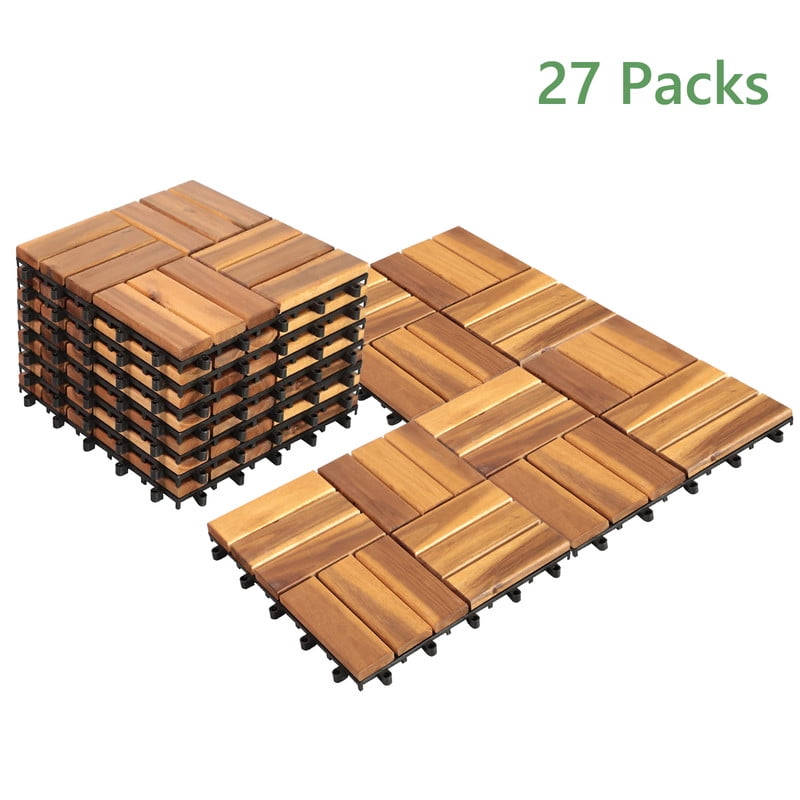 27-Pack Interlocking Solid Wood Deck Tiles, 12"x12" Waterproof Outdoor ...