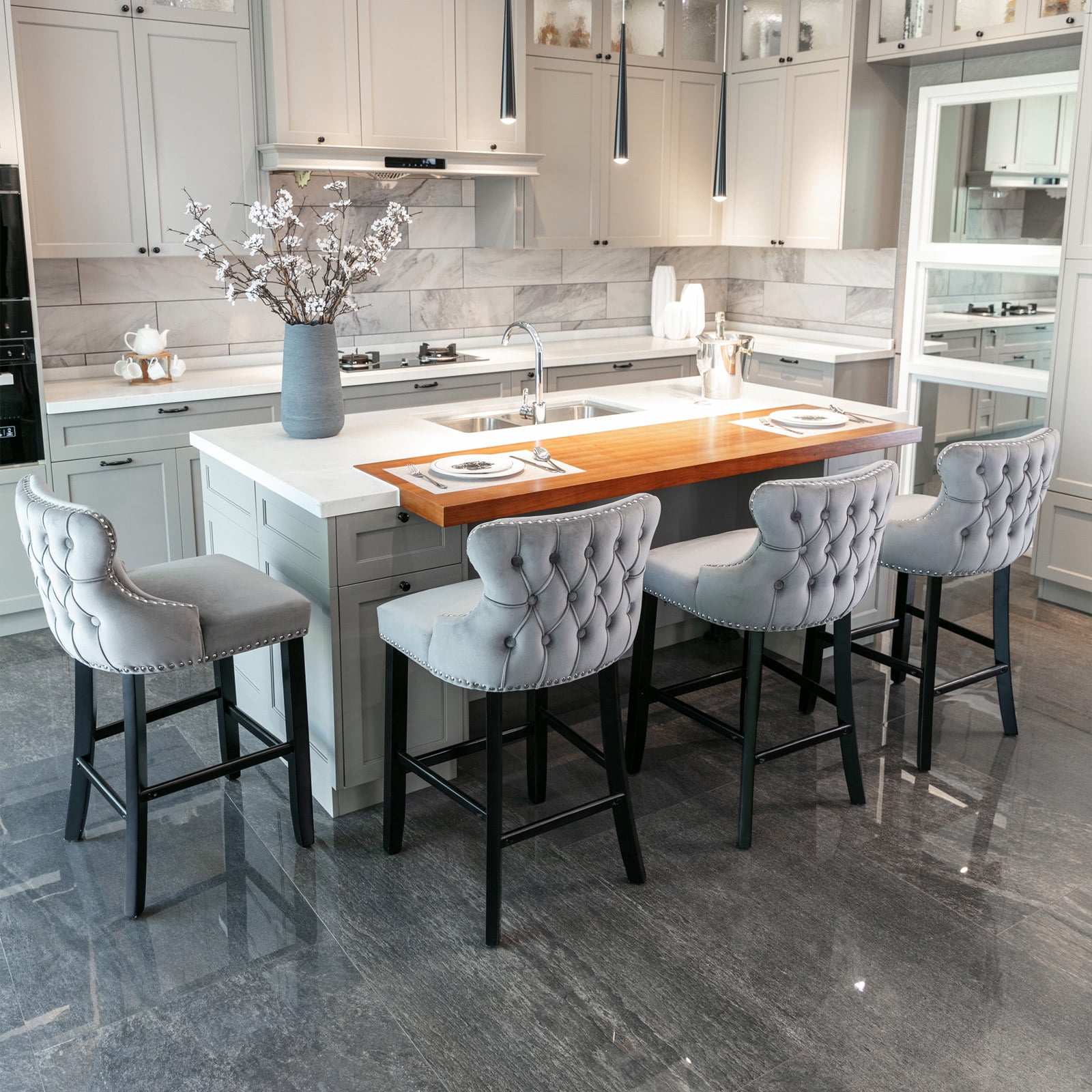 "27"" Padded Wing-Back Bar Stools Set of 4, Tufted Velvet, Nailhead ...