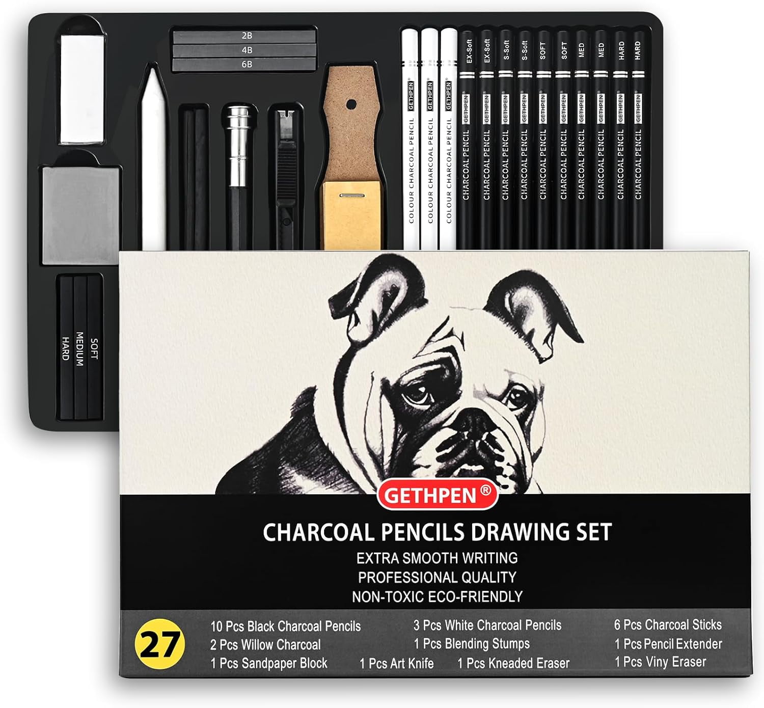 27 Piece Charcoal Drawing Set - Professional Black & White Charcoal ...