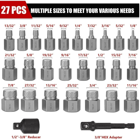 27-Piece Screw Extractor Set, 3/8" Inch Drive Easy Out Bolt Extractor ...