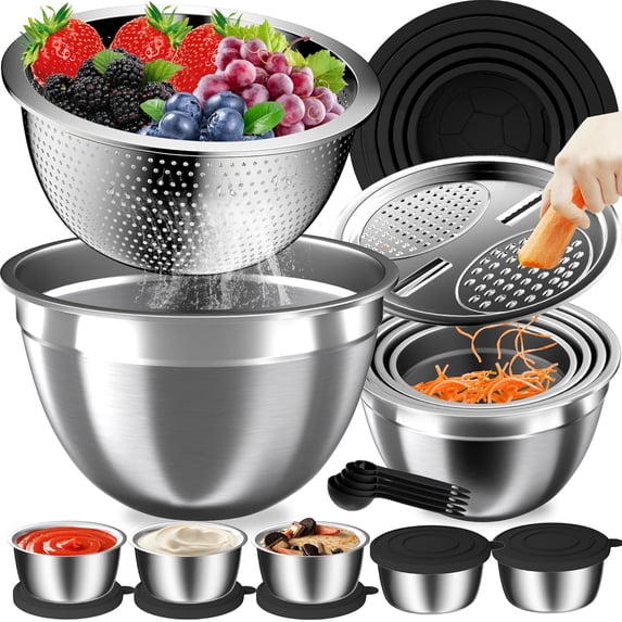 27-Piece Stainless Steel Nesting Mixing Bowls Set with Lids, Colander ...