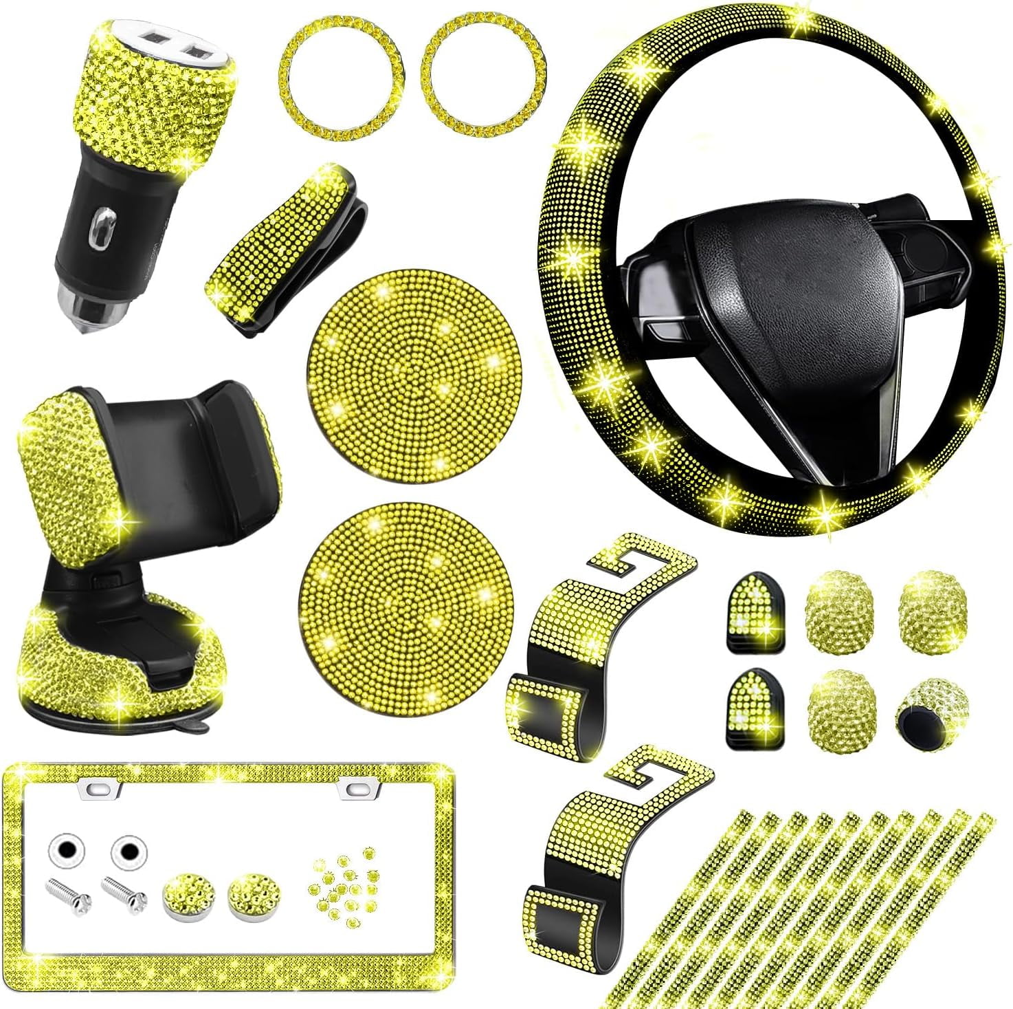 27-Piece Yellow Bling Car Accessories Set - Universal Fit Steering ...